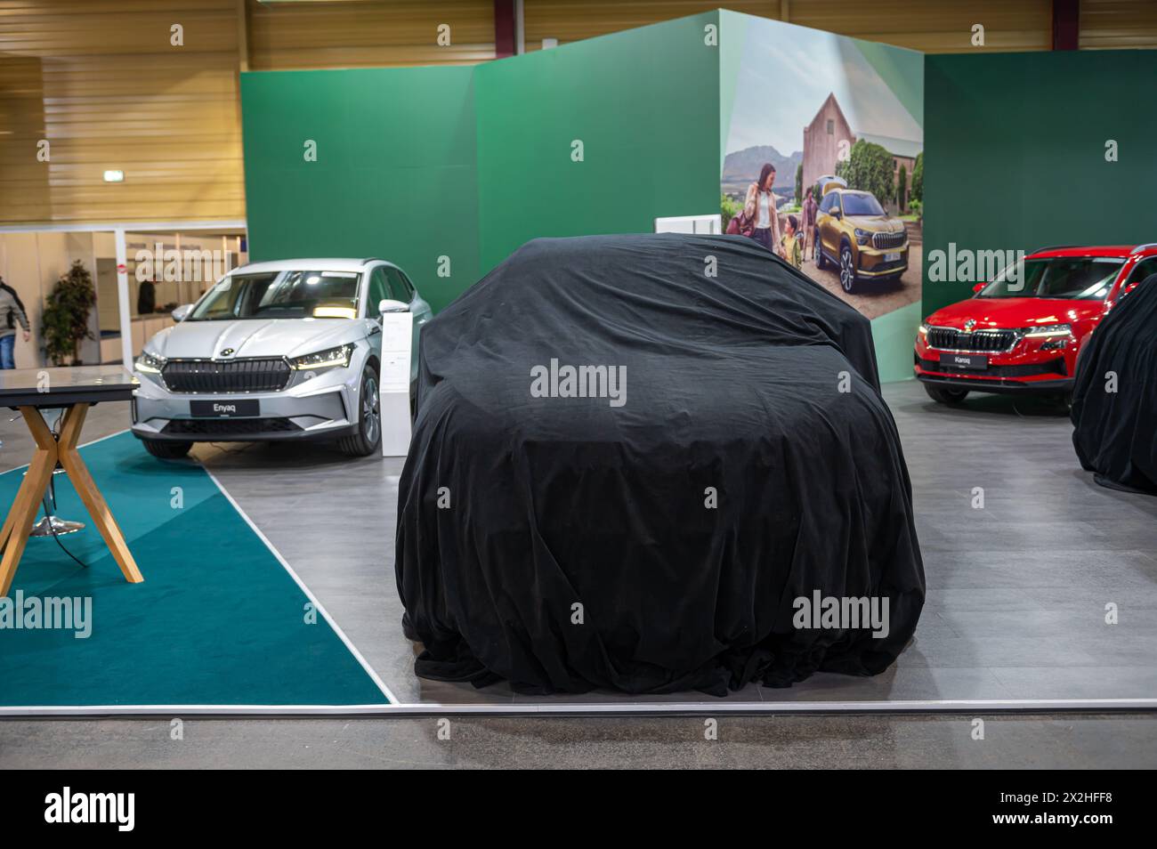Riga, Latvia, April 19, 2024: Skoda cars of the new models covered with ...