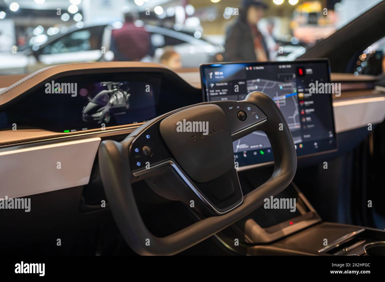 Riga, Latvia, April 19, 2024: interor of Tesla Model X. Tesla screen ...