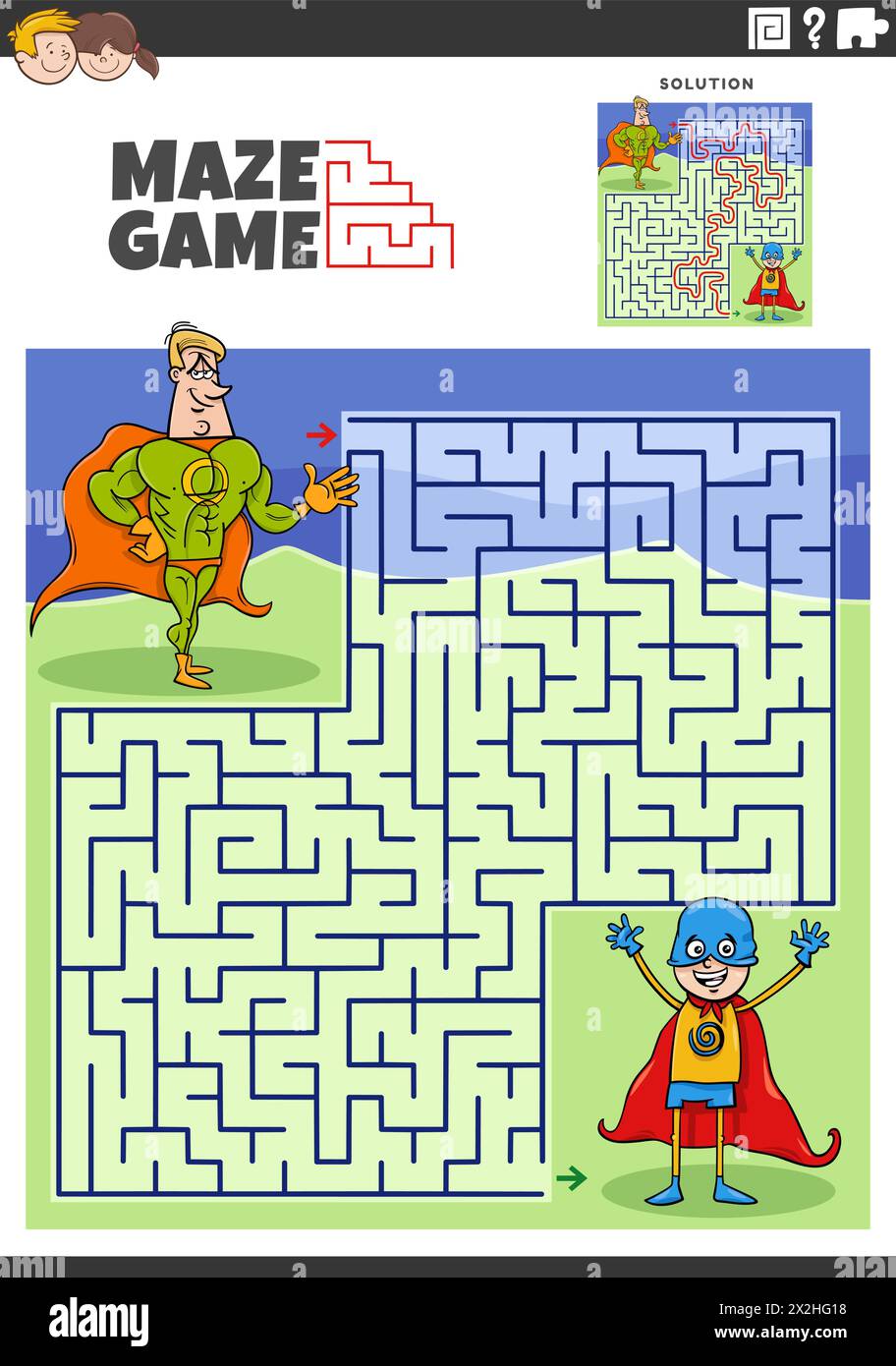Cartoon illustration of educational maze puzzle activity with superhero ...