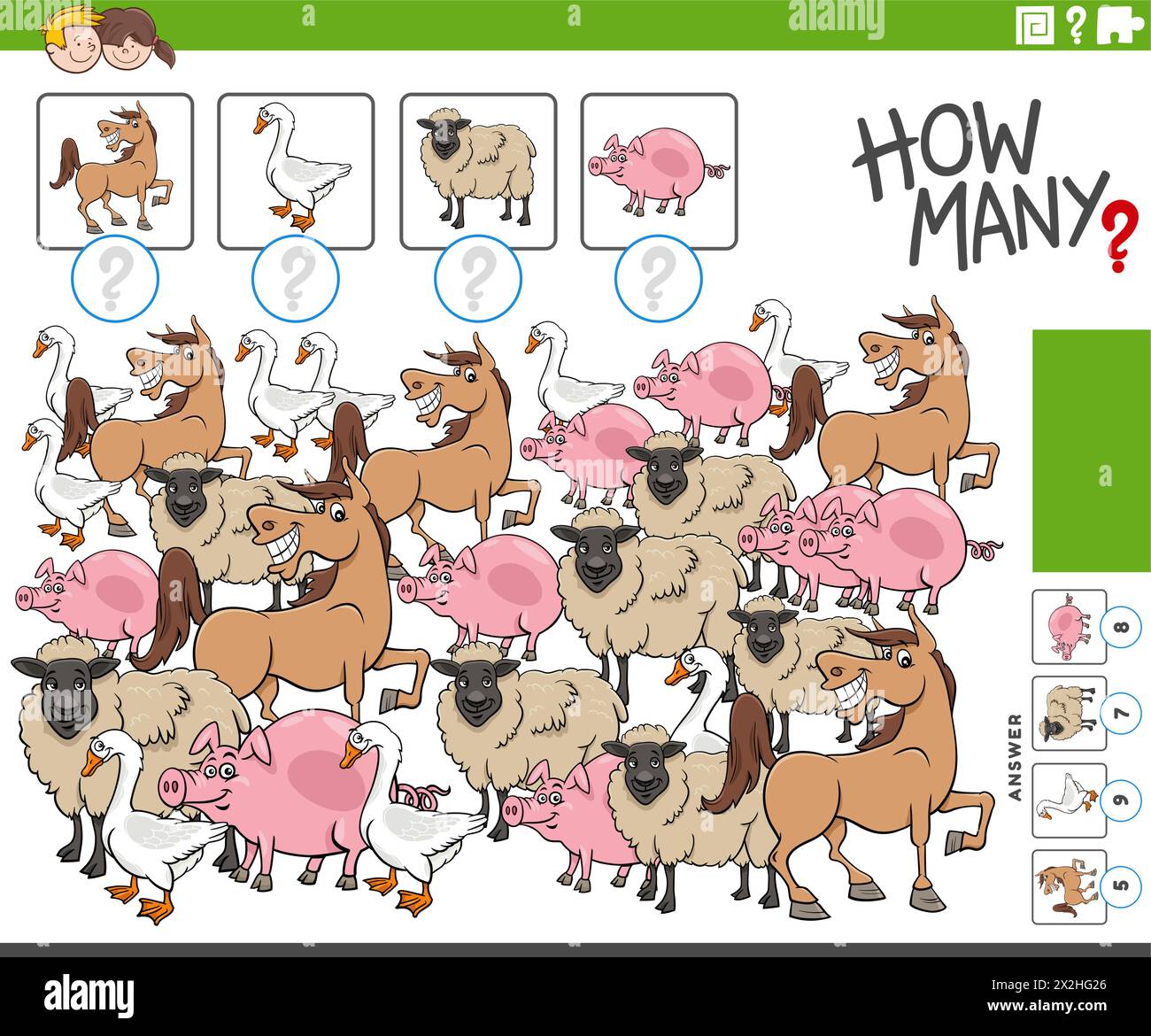 Cartoon illustration of educational counting game with comic farm ...