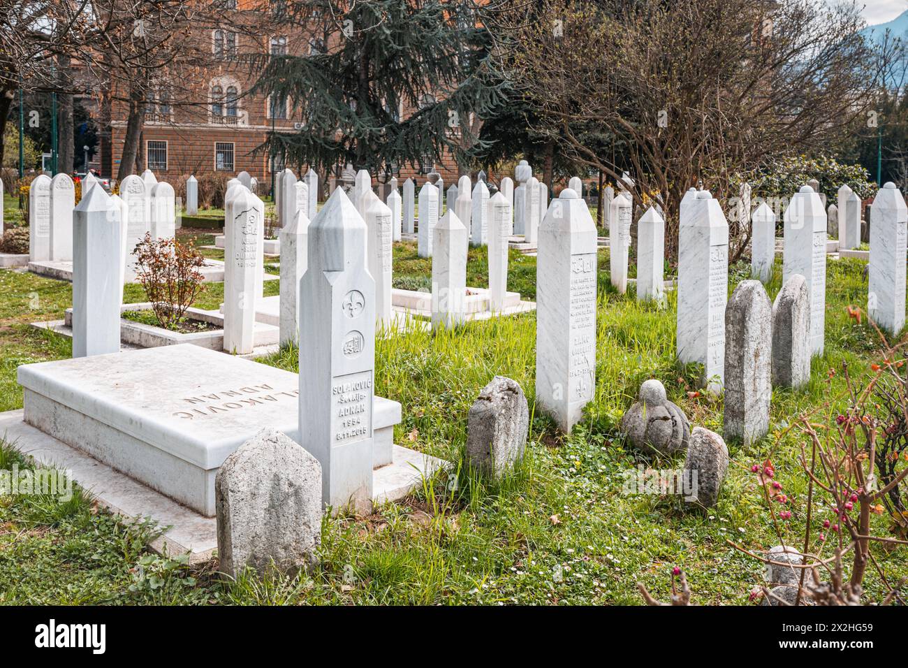 15 March 2024, Sarajevo, Bosnia and Herzegovina: Marble headstones in ...