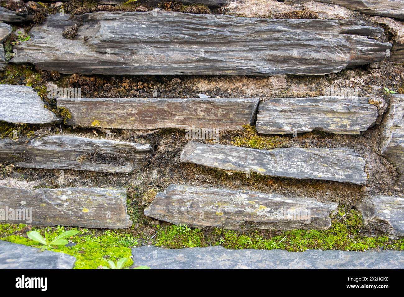 Gray structural stone wall of the ancient building consists of old dark ...