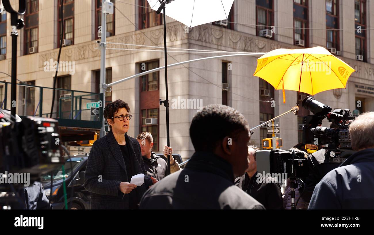 Journalist Rachel Maddow speaks on camera in front of the Manhattan ...