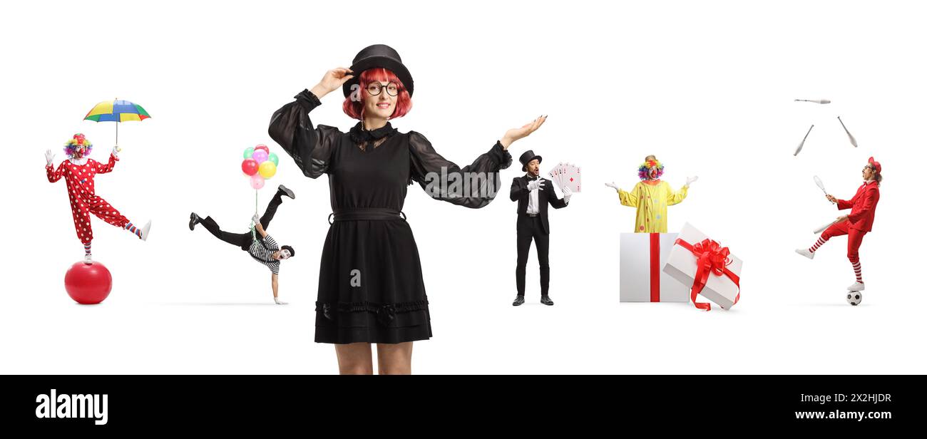 Female magician presenting clowns, mime and a juggler isolated on white ...