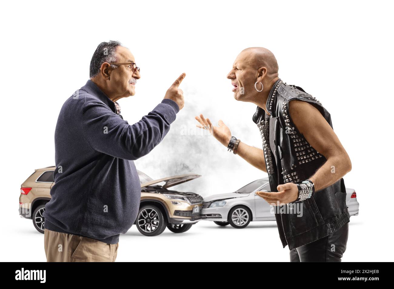Male drivers having an argument after a car accident isolated on white ...