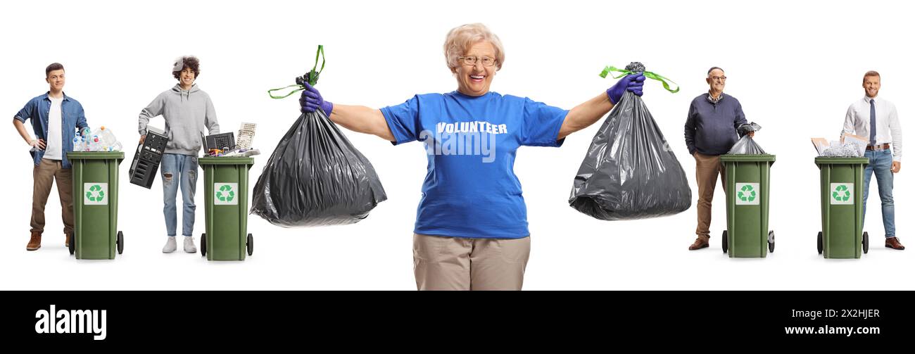 People recycling materials and woman volunteer holding plastic bags ...
