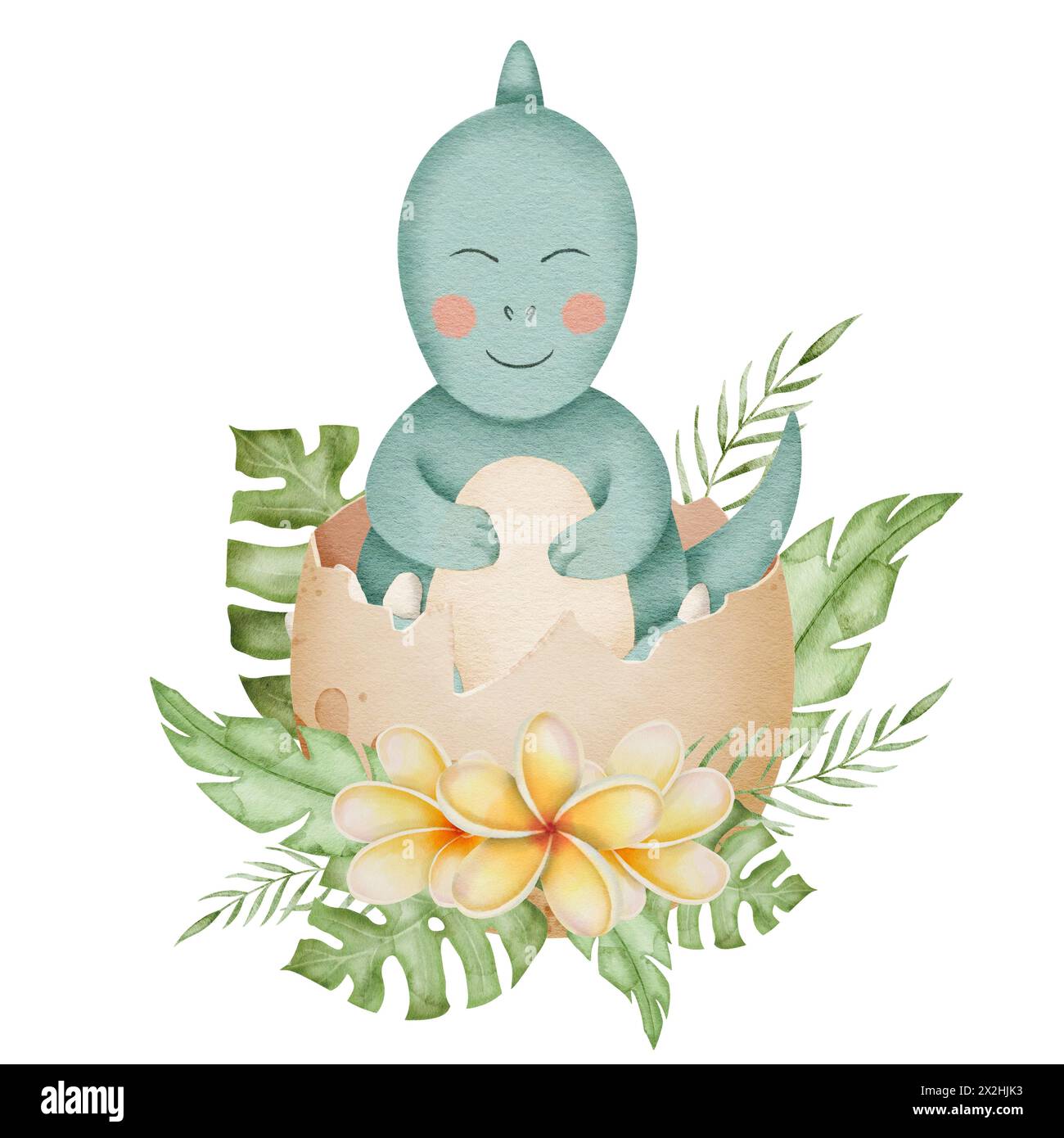 Newborn Dinosaur Watercolor illustration. Cute little Dino hatching ...