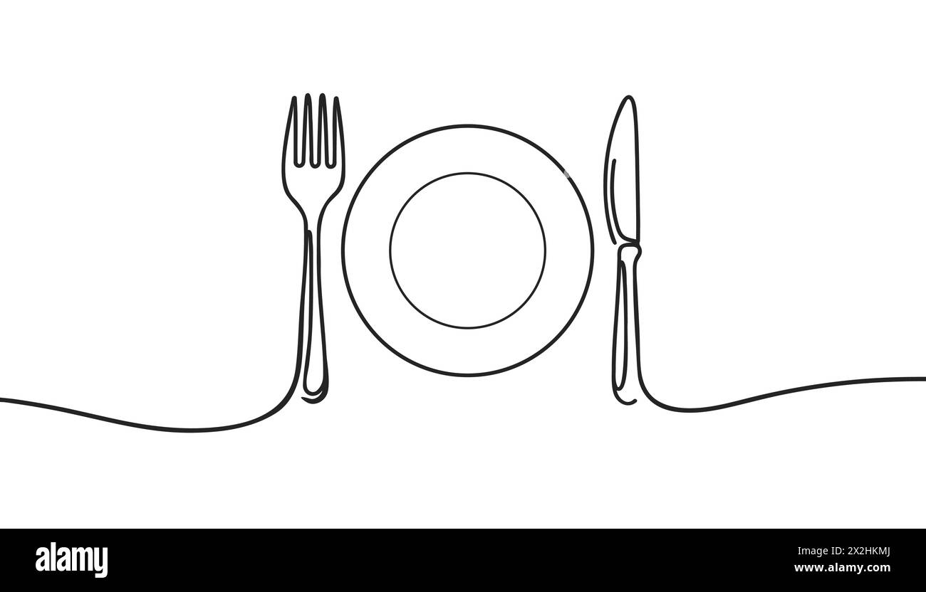 One continuous line plate, knife and fork. Vector illustration Stock ...