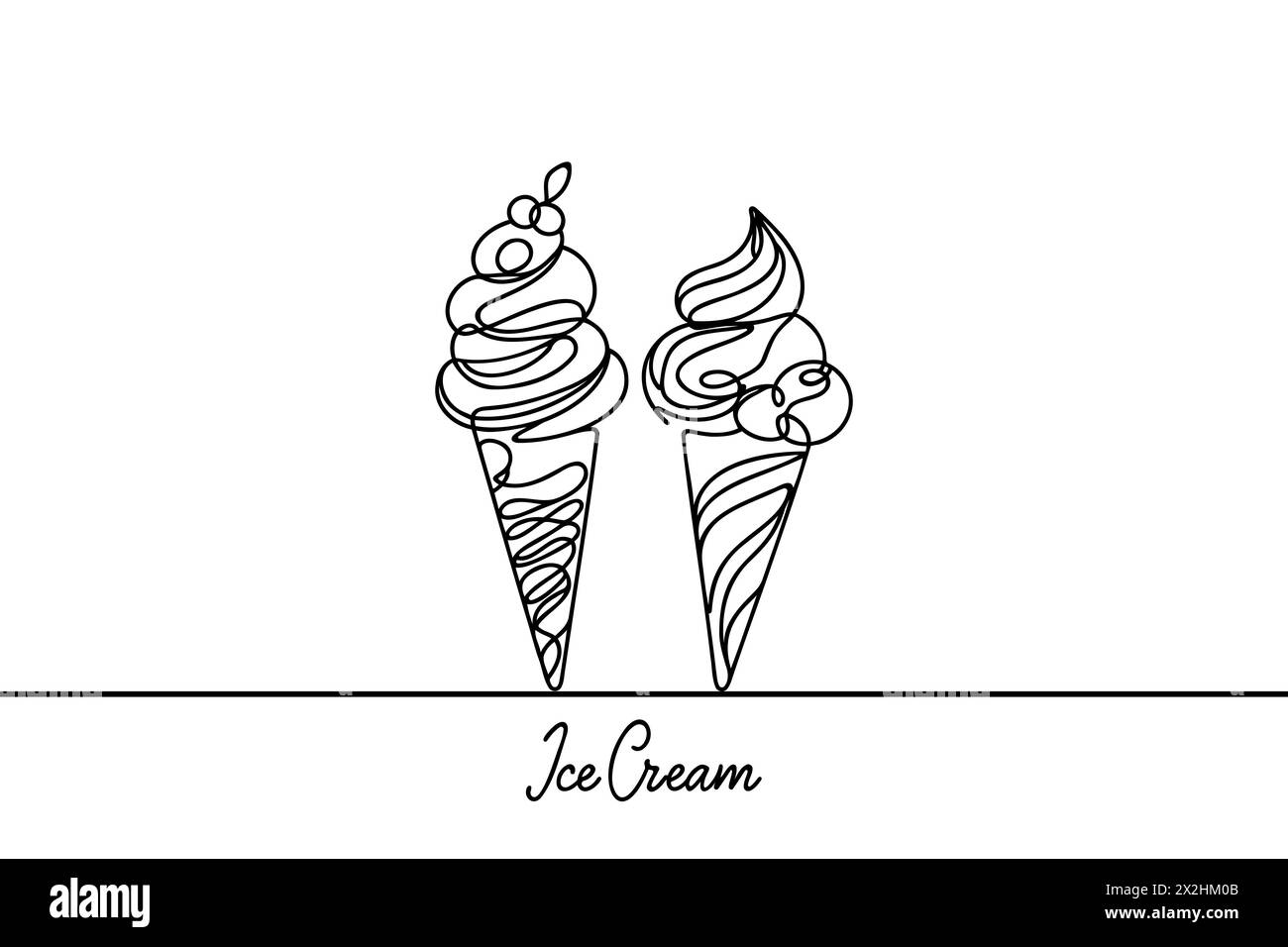 Soft serve ice cream in waffle cone in continuous line art drawing ...