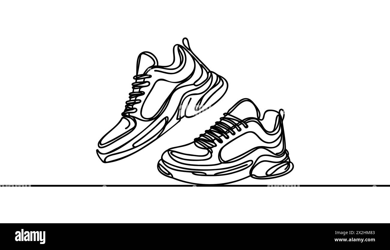 Continuous line drawing of casual sneakers shoes. Single one line art ...