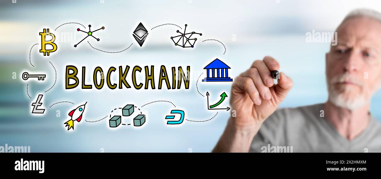 Blockchain technology concept drawn by a man Stock Photo - Alamy