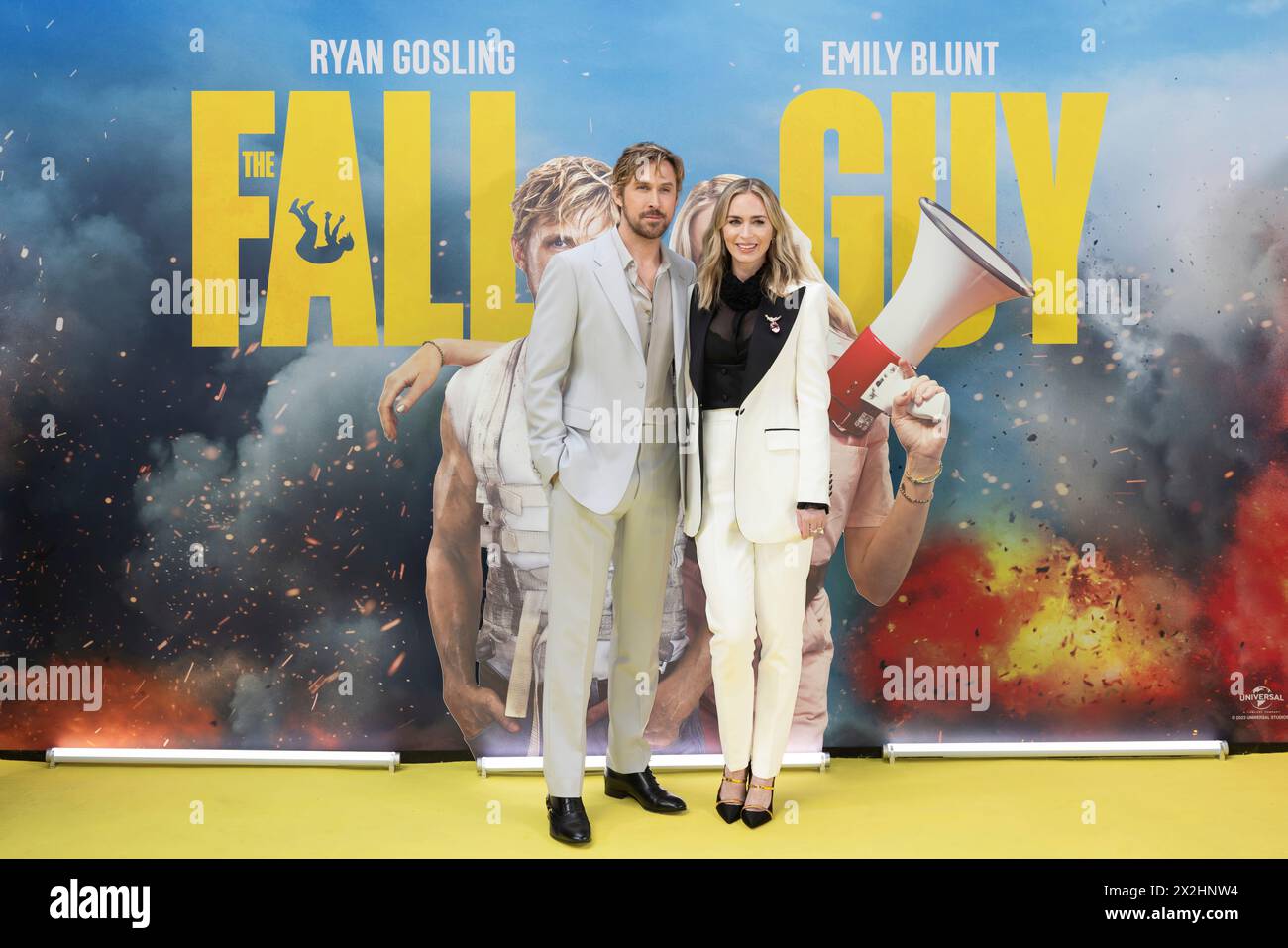 Ryan Gosling, left, and Emily Blunt pose for photographers upon arrival ...