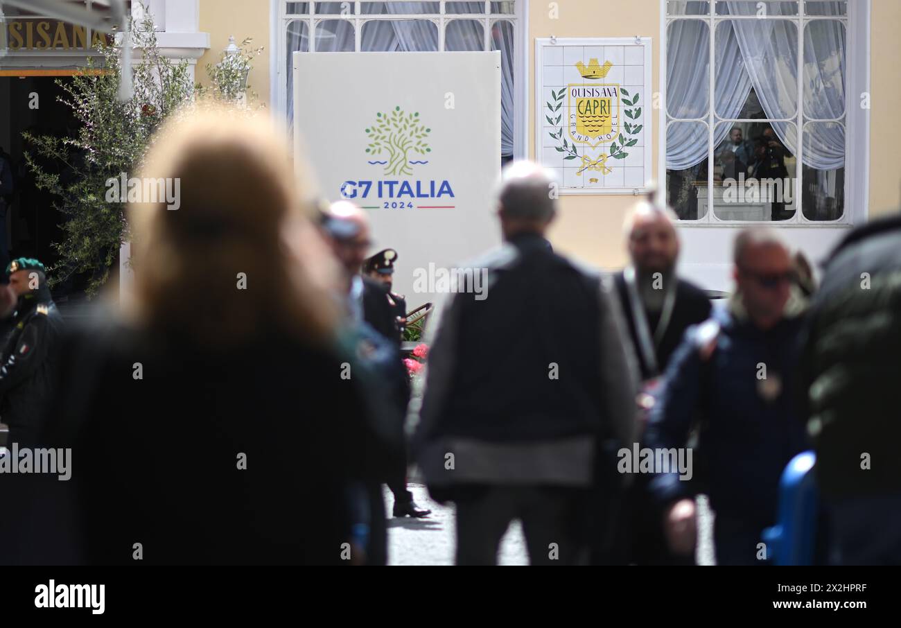 Capri, Italy. 19th Apr, 2024. "G7 Italia" is written on a sign at the ...