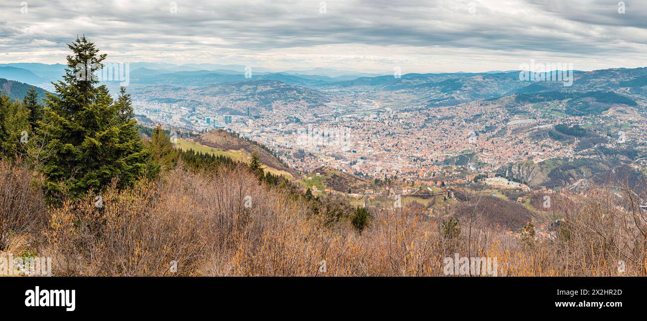 A captivating aerial view of Sarajevo's cityscape nestled amidst the ...