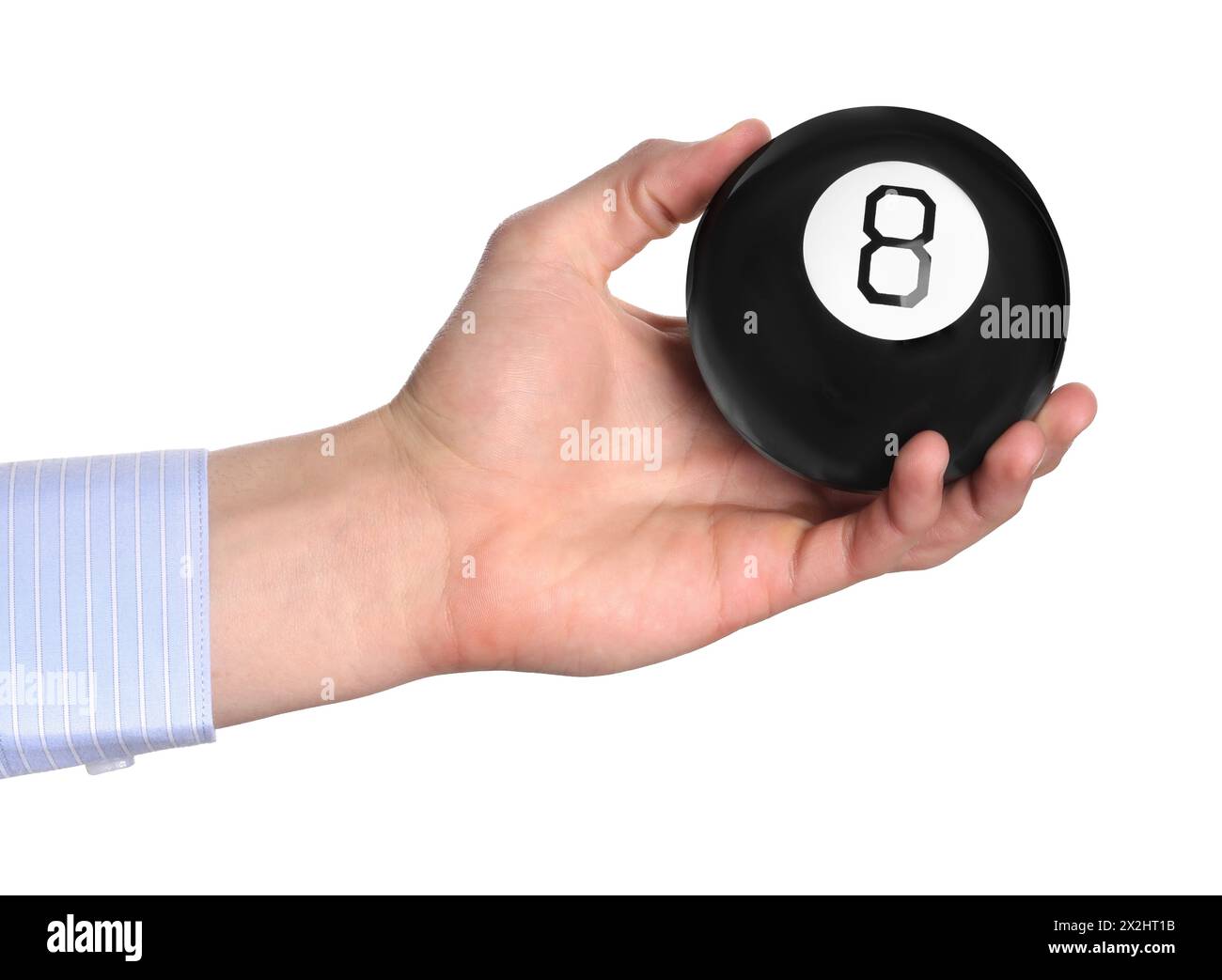 Man holding magic eight ball on white background, closeup Stock Photo ...