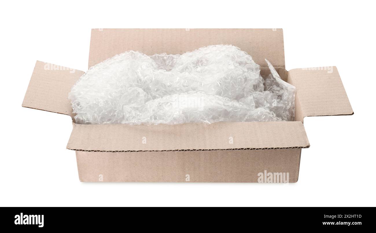 Transparent bubble wrap in cardboard box isolated on white Stock Photo ...