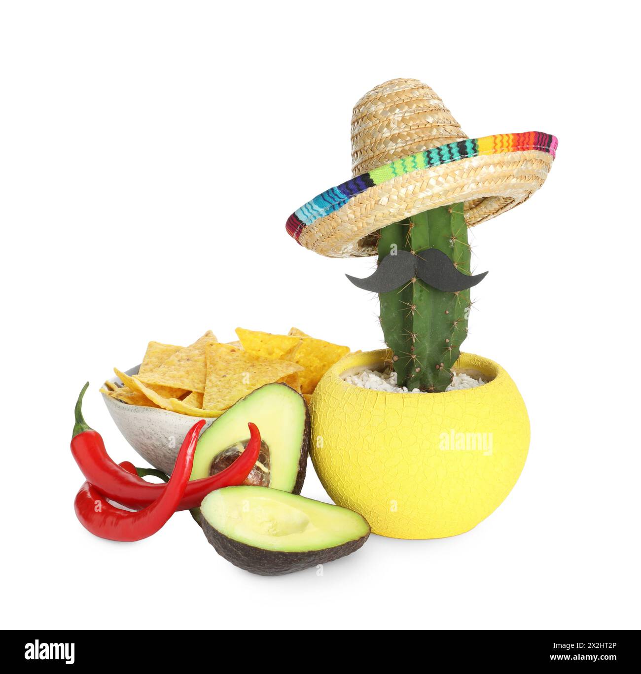 Cactus with Mexican sombrero hat, fake mustache, chili peppers, cut ...