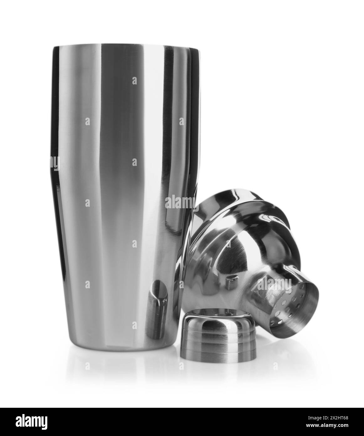 Metal cocktail shaker, strainer and cap isolated on white Stock Photo ...