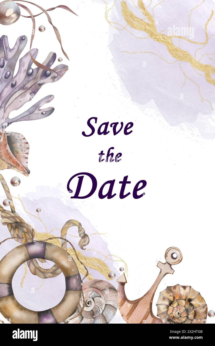 Marine-themed Wedding Invitation card. Seashells, Seaweed, Lifebuoy ...