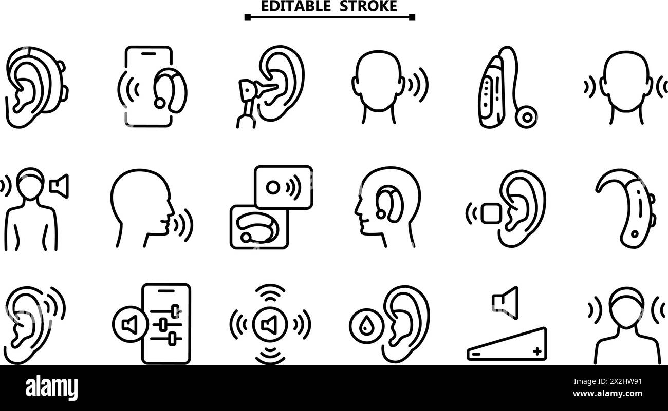 Hearing aid outline icons set. Editable stroke. Volume booster for ears, for the deaf old and ...