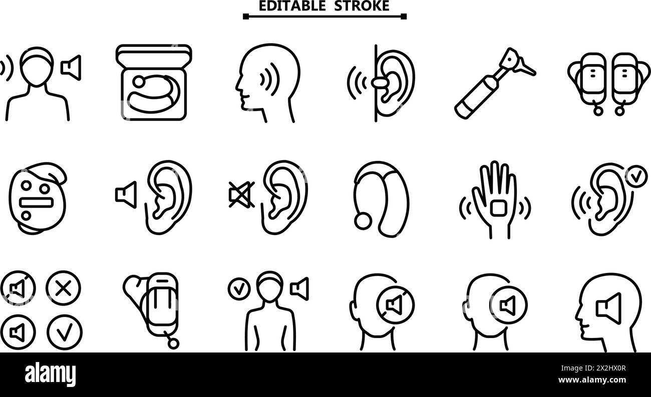 Hearing aid lineicons set. Editable stroke. Auditory. Ear and hearing ...