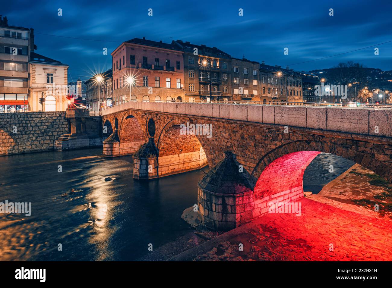 Sarajevo evening landscape, with the famous Latin Bridge serving as a ...