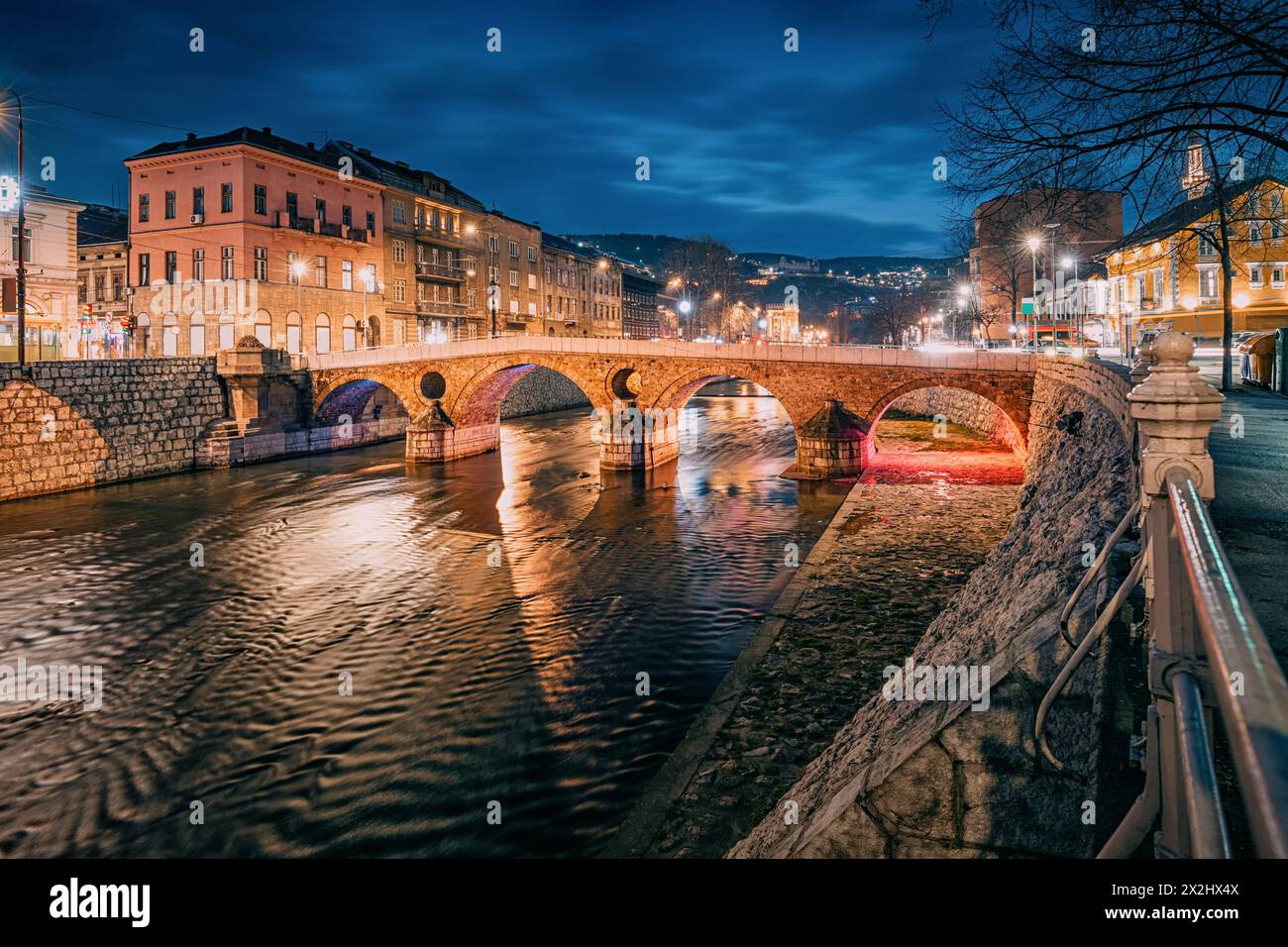 Sarajevo's old town at dusk, where the iconic Latin Bridge and ...