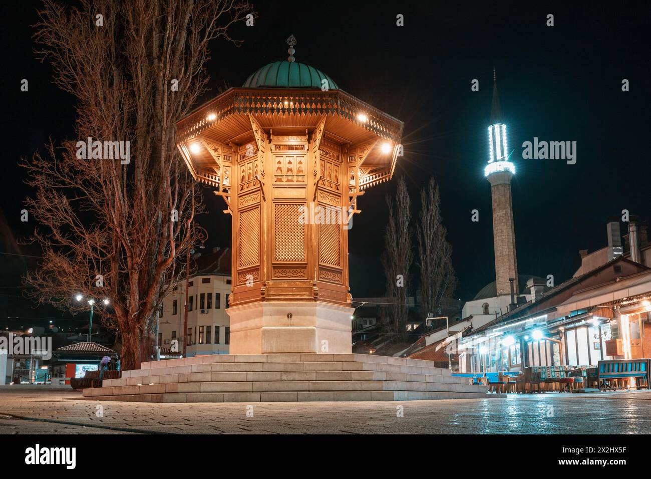 historic streets of Sarajevo's Bascarsija district at night, where the ...