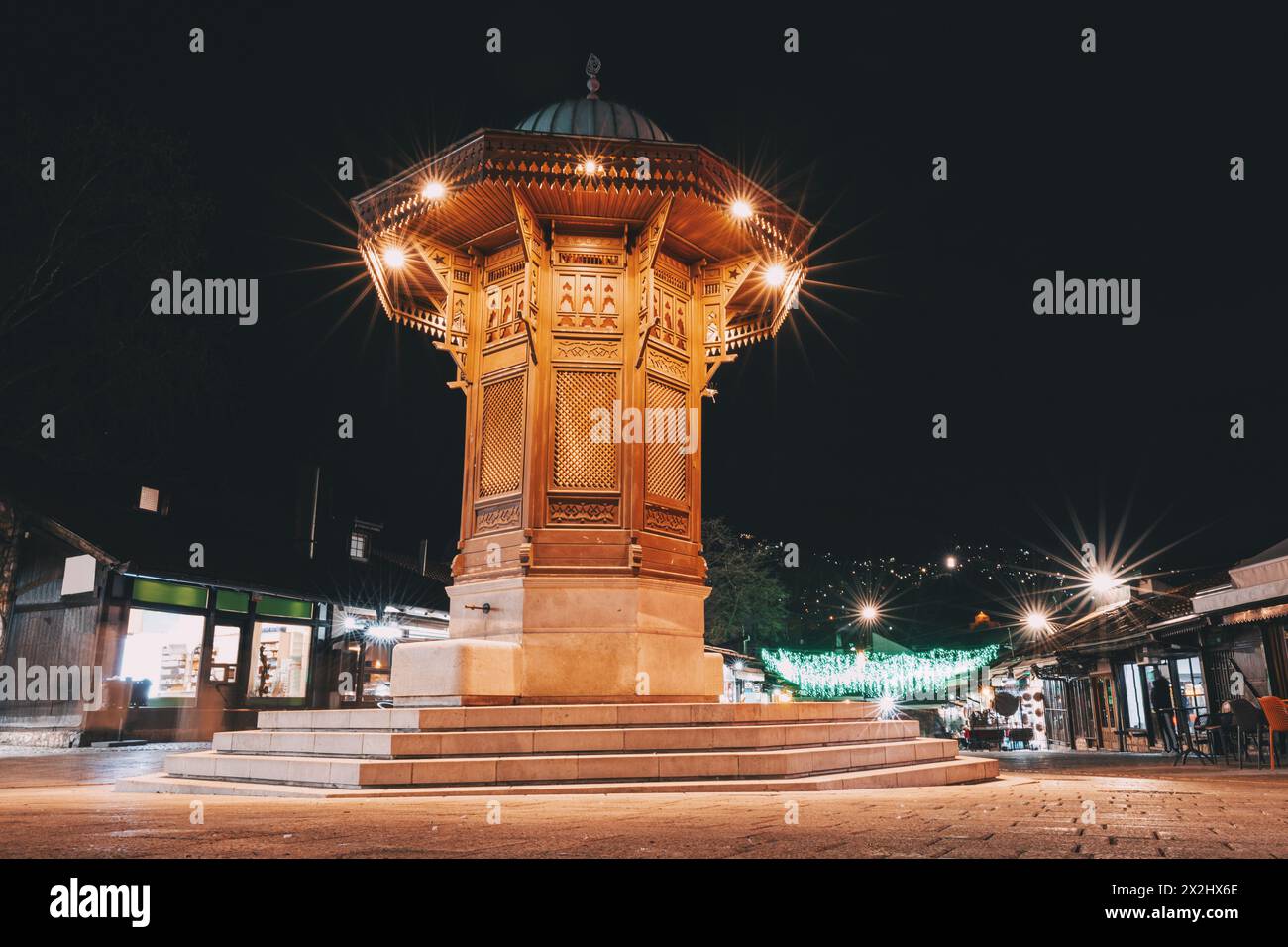 historic streets of Sarajevo's Bascarsija district at night, where the ...