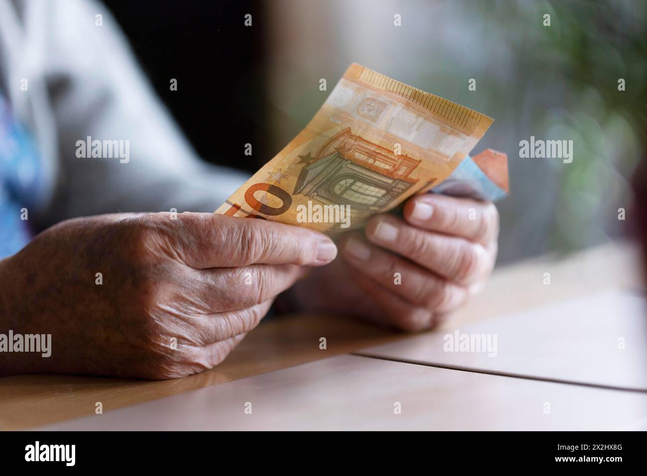 Senior citizen with wrinkled hands counts her money at home in her flat ...