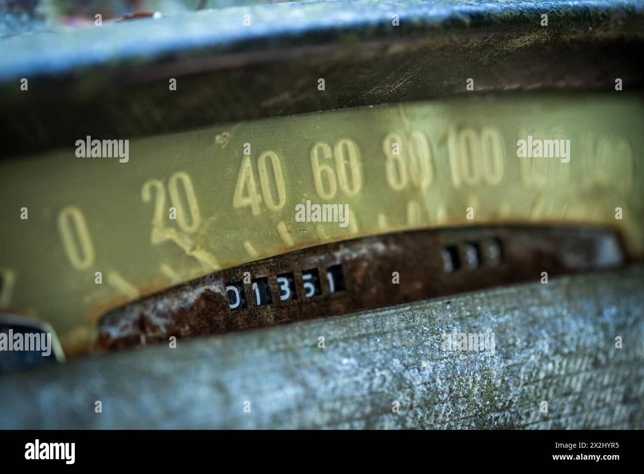 Old speedometer, dashboard, car cemetery Kyrkoe Mosse, Ryd, Tingsryd ...