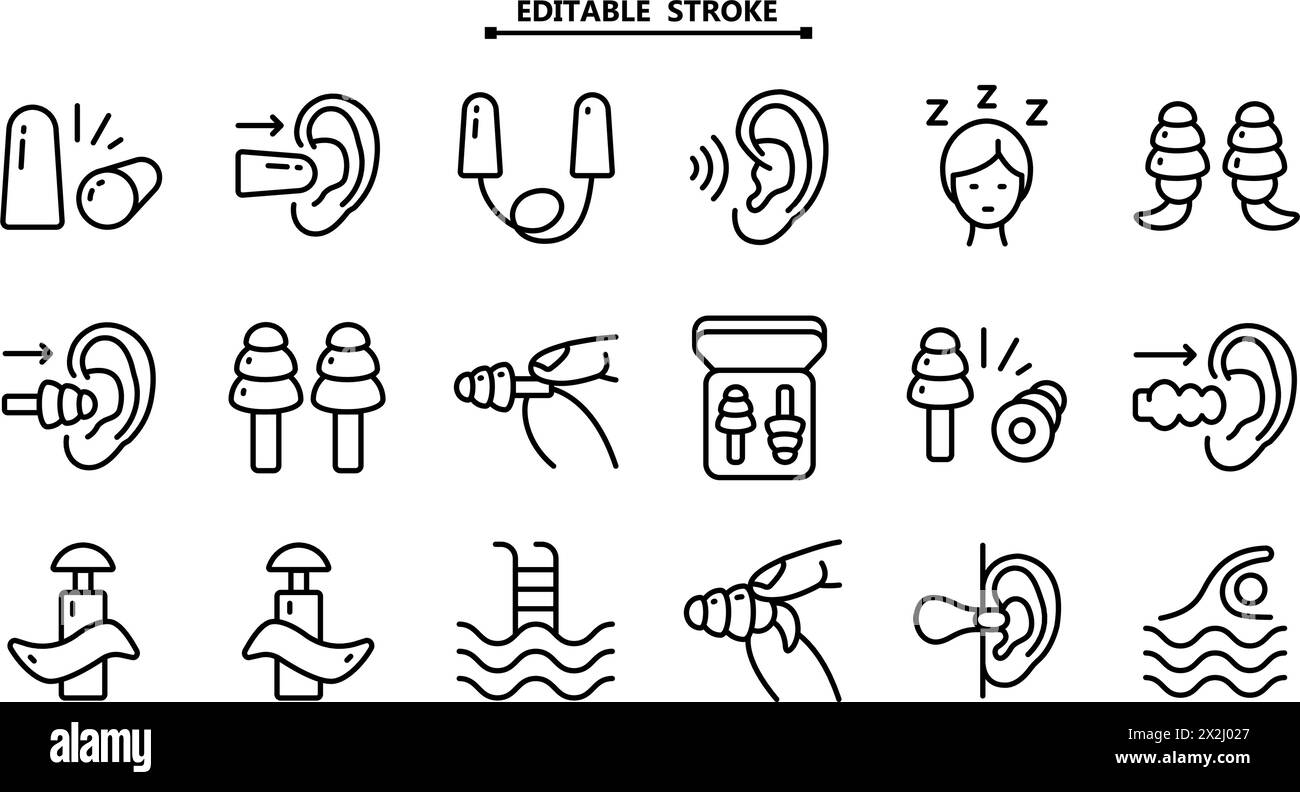 Earplugs icons set line vector. Editable stroke. Anti-noise device ...