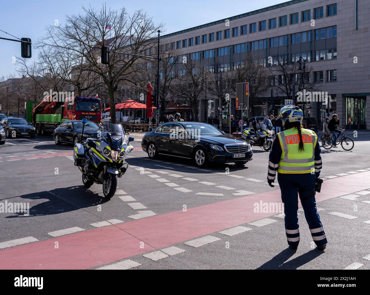 Traffic control, police officers of the motorised traffic squadron ...