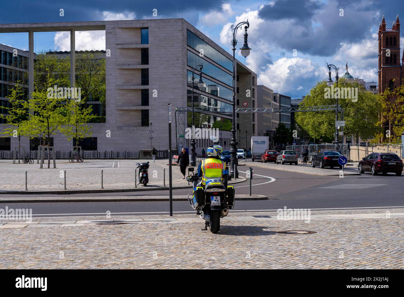 Traffic control, police officers of the motorised traffic squadron ...