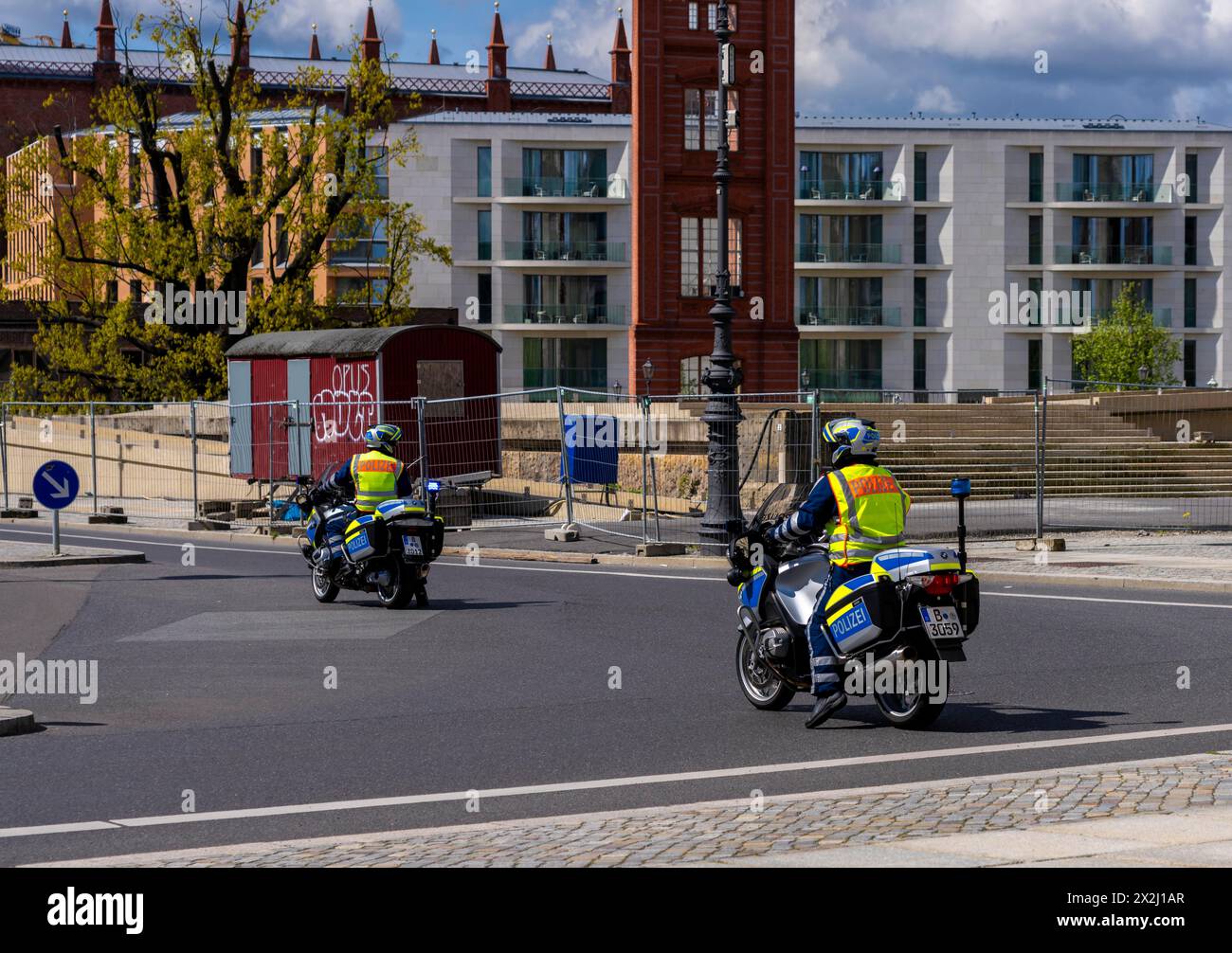Traffic control, police officers of the motorised traffic squadron ...