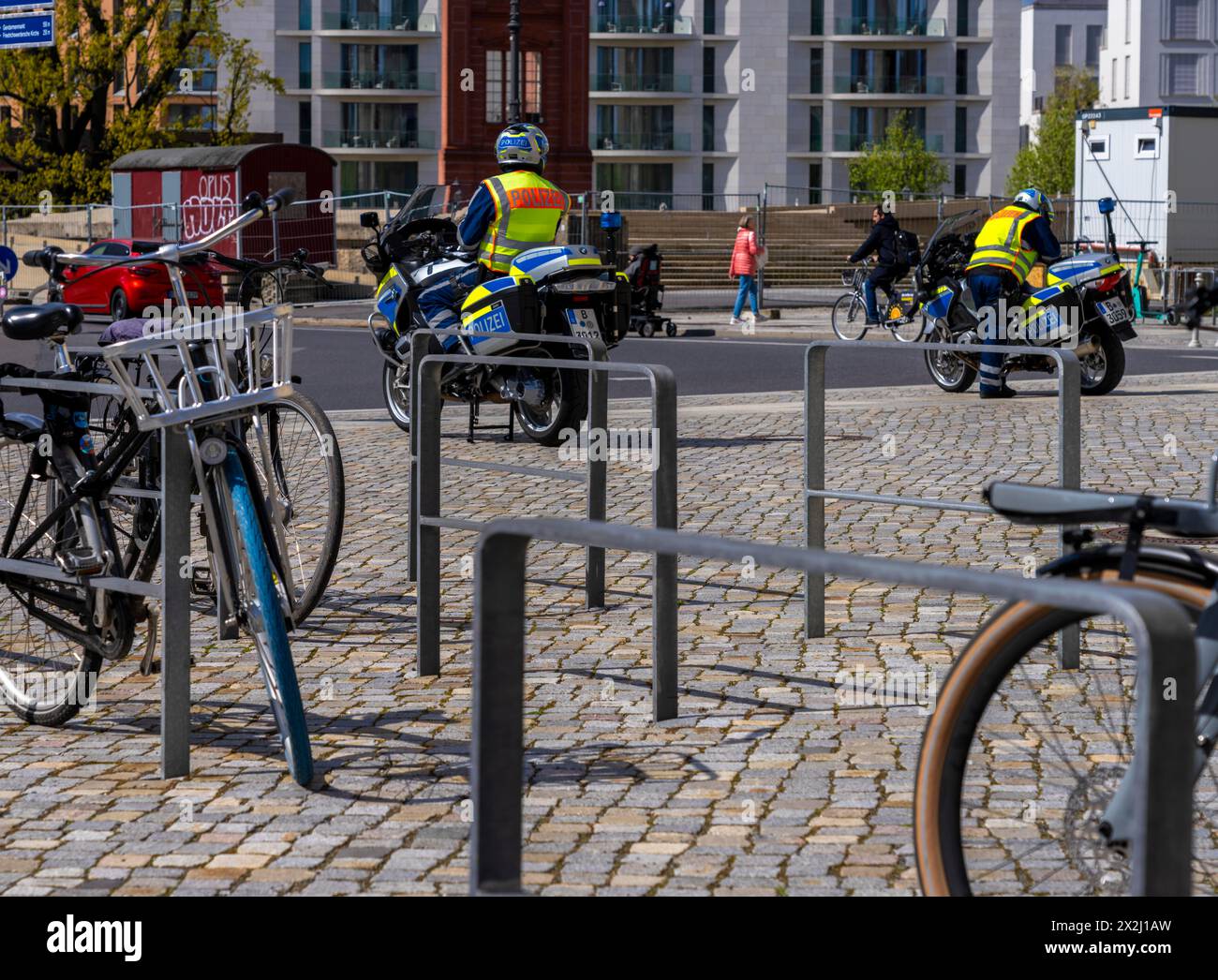Traffic control, police officers of the motorised traffic squadron ...
