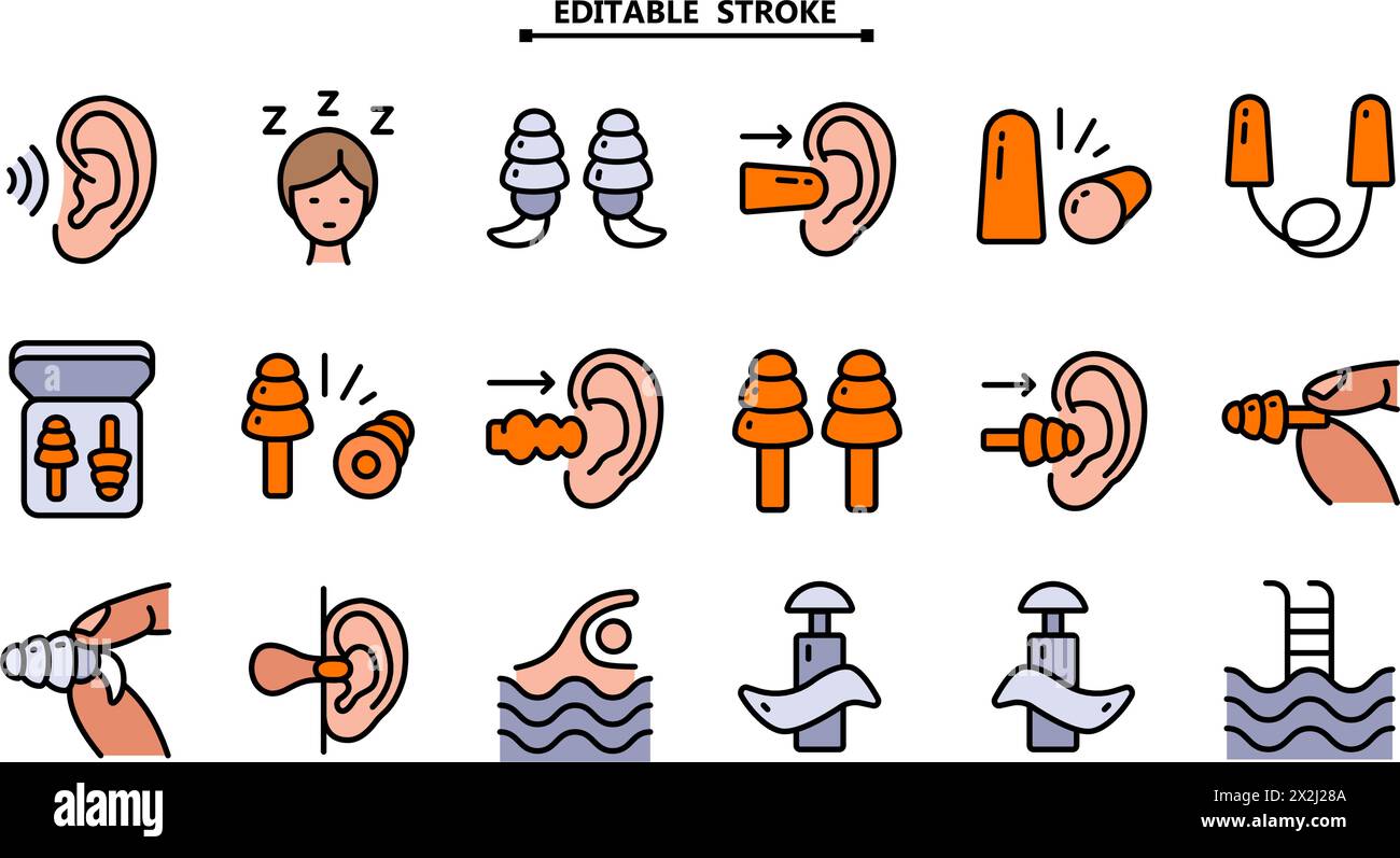 Earplugs color icons set. Editable stroke. Care device. Ear protection ...