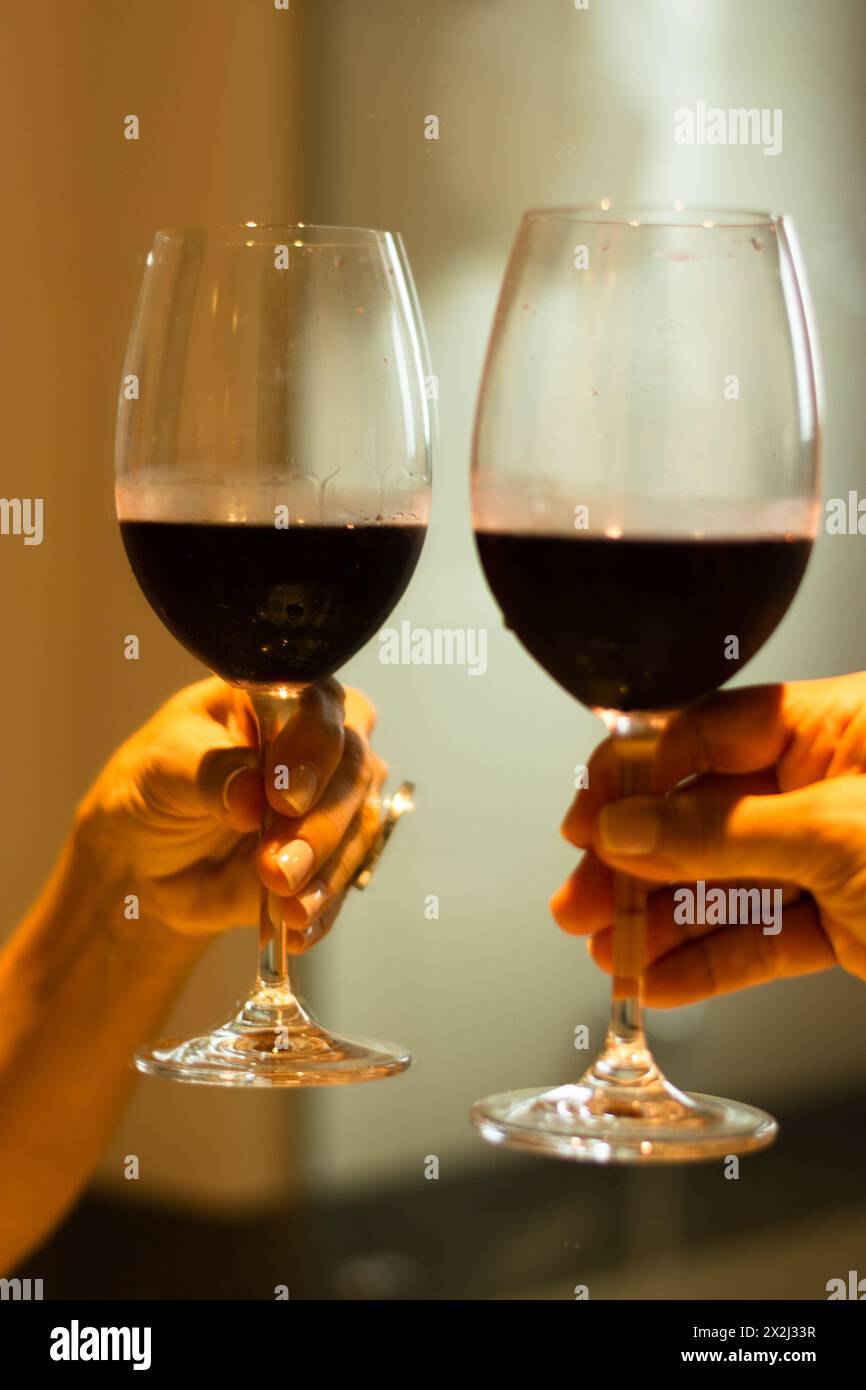 Hand holding a glass goblet with red wine next to a mirror. Drink ...