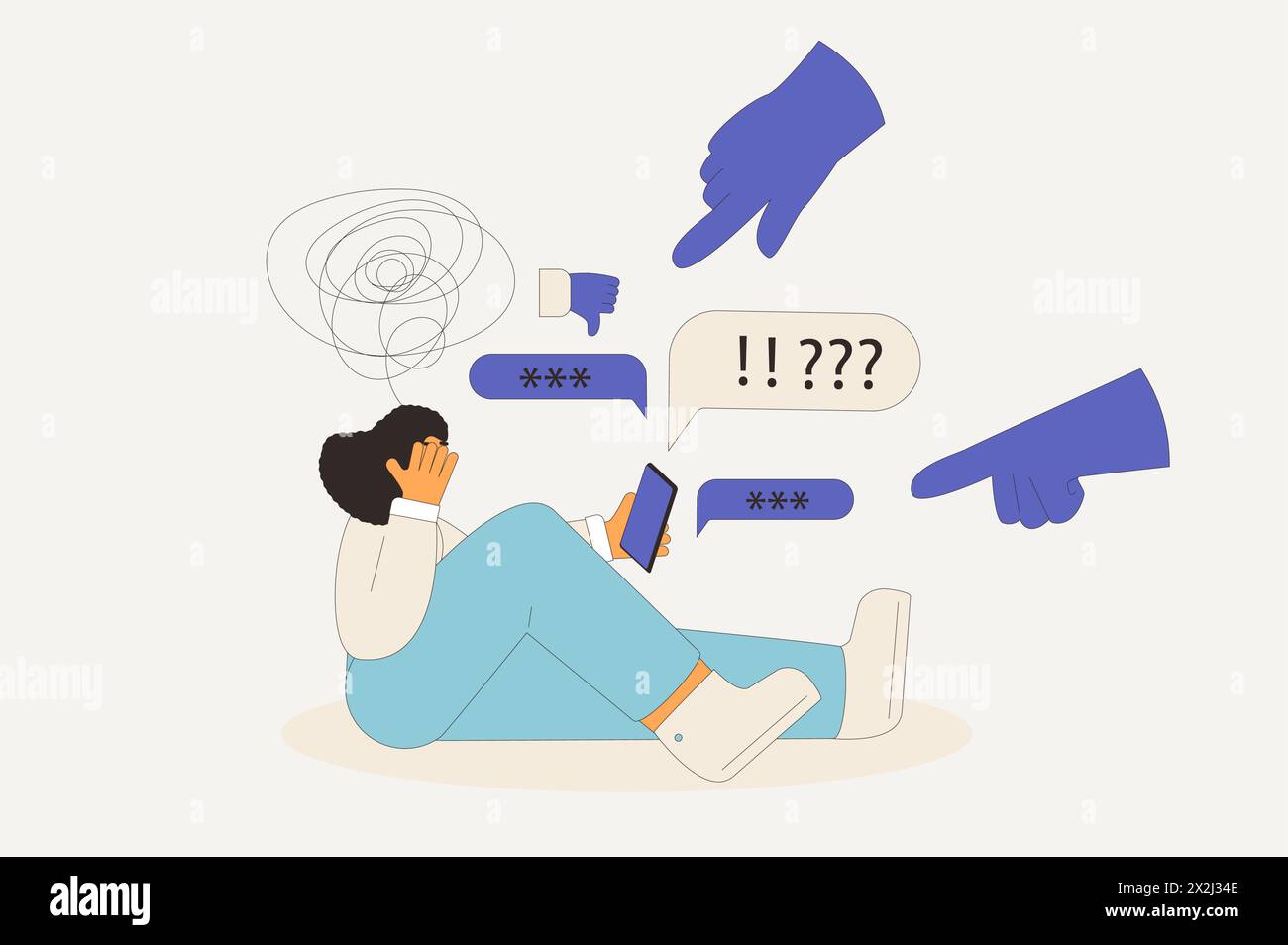 Cyberbullying concept. Young woman sitting with her phone and read rude ...