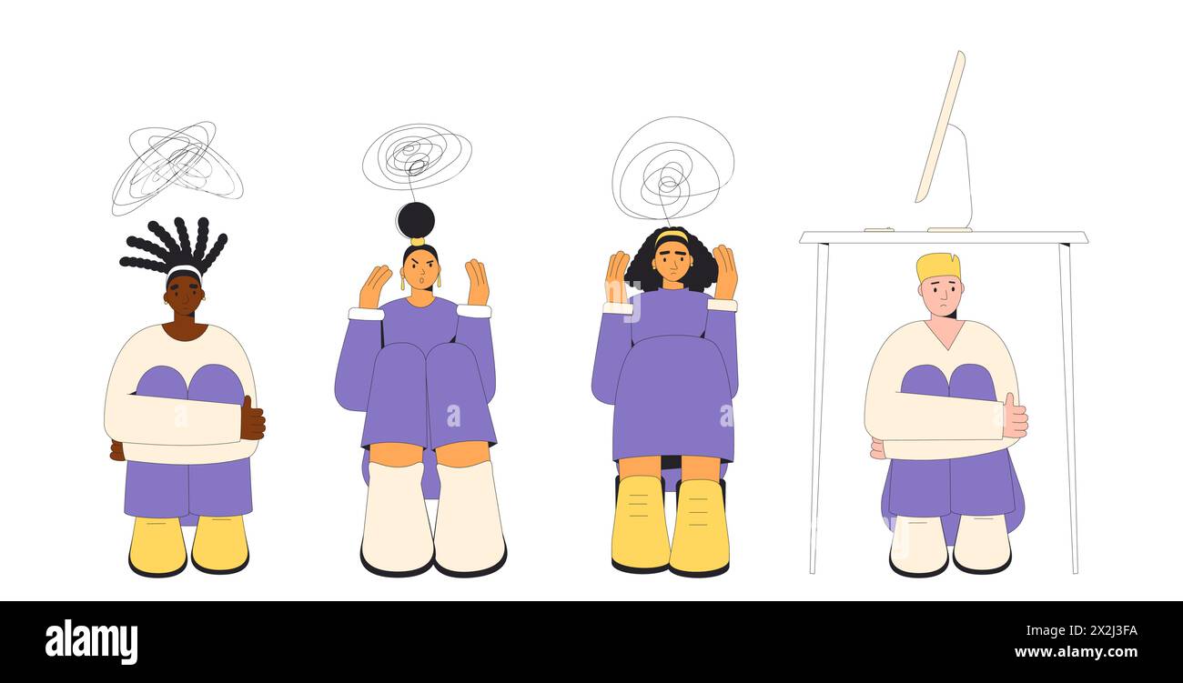 Mental problems characters set. Young people with burnout, confusion ...