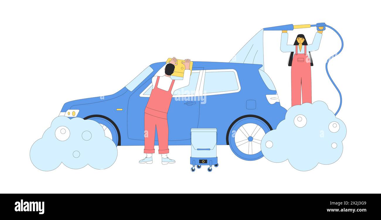 Car wash concept. Vehicle clean station. Repair auto garage. Workers ...