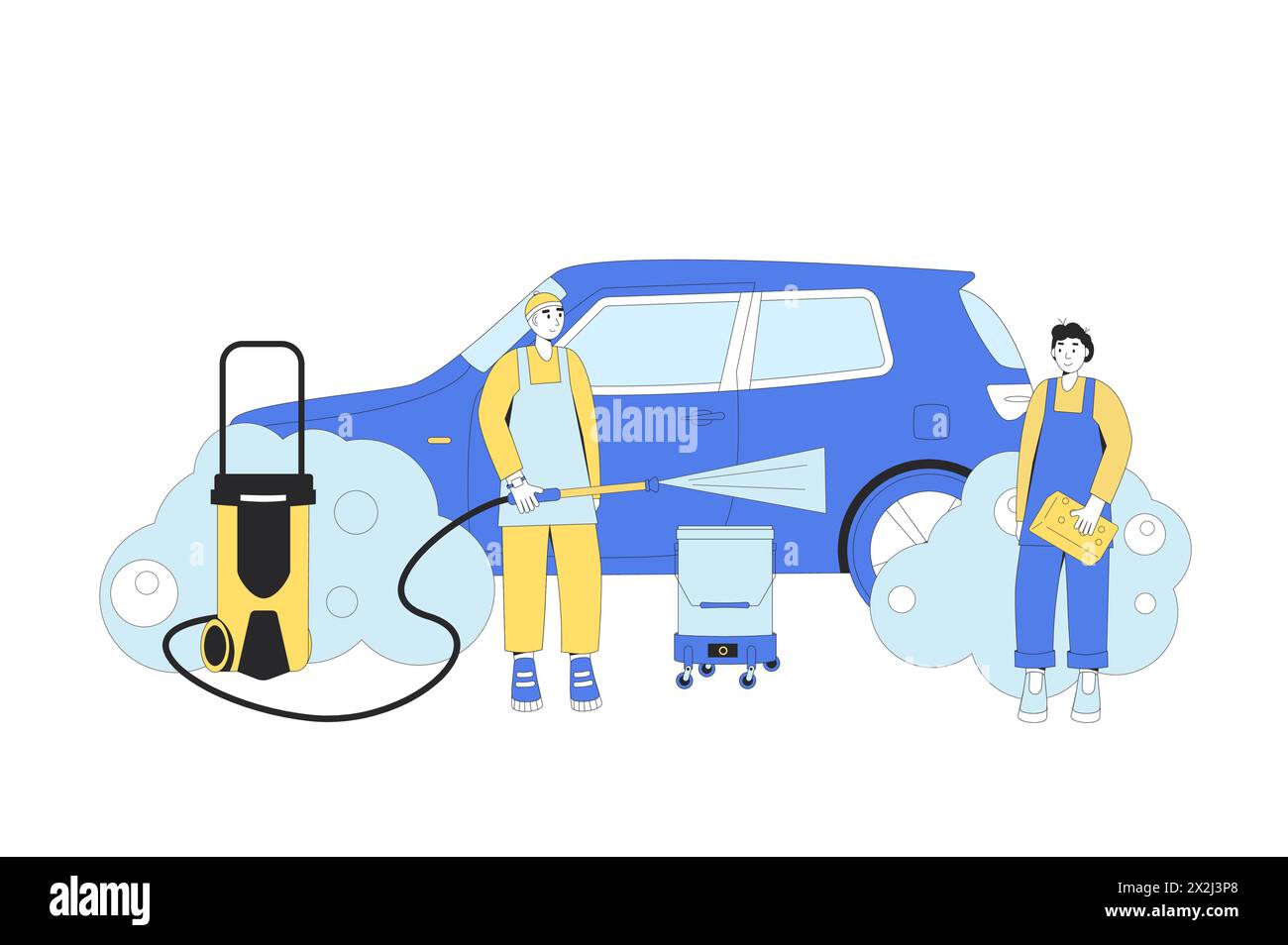 Car wash concept. Vehicle body clean station. Repair auto garage. Car washers prepare to complex ...