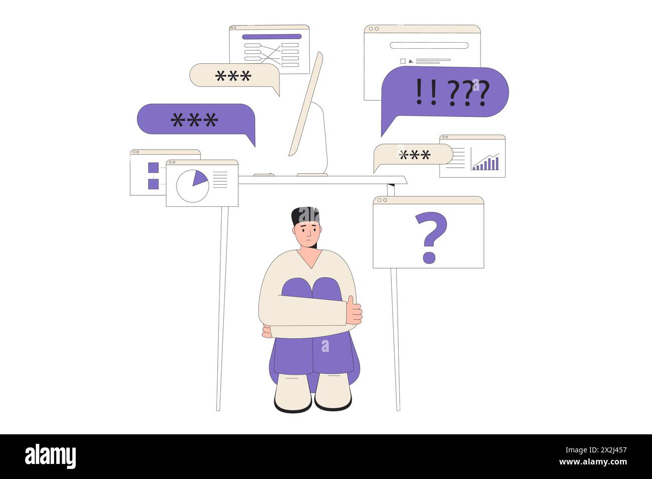 Burnout syndrome. Sad young man sitting under the table isolated on ...