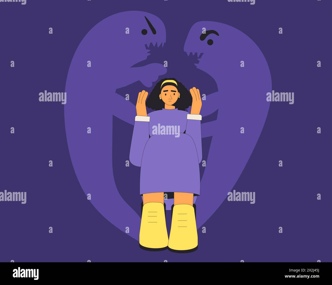 Fear or phobia concept. Sad young woman sitting and suffering. Problems ...