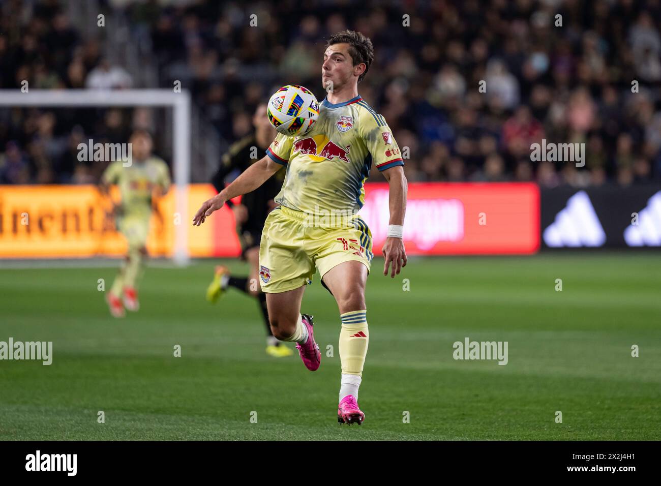 New York Red Bulls forward Dante Vanzeir (13) chests down a ball during ...