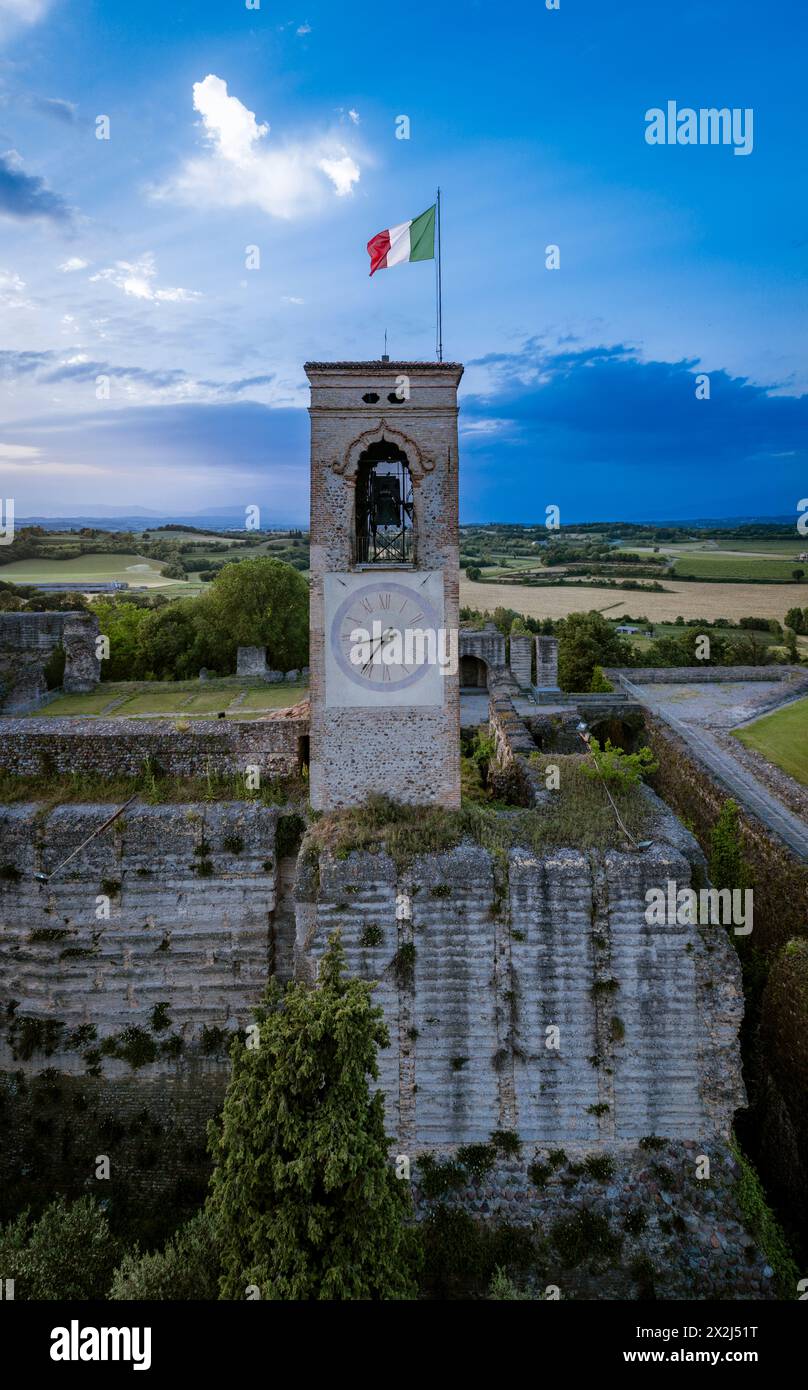 The clock tower at Cavriana Castle, Lombardy, Mantova, Italy Stock ...