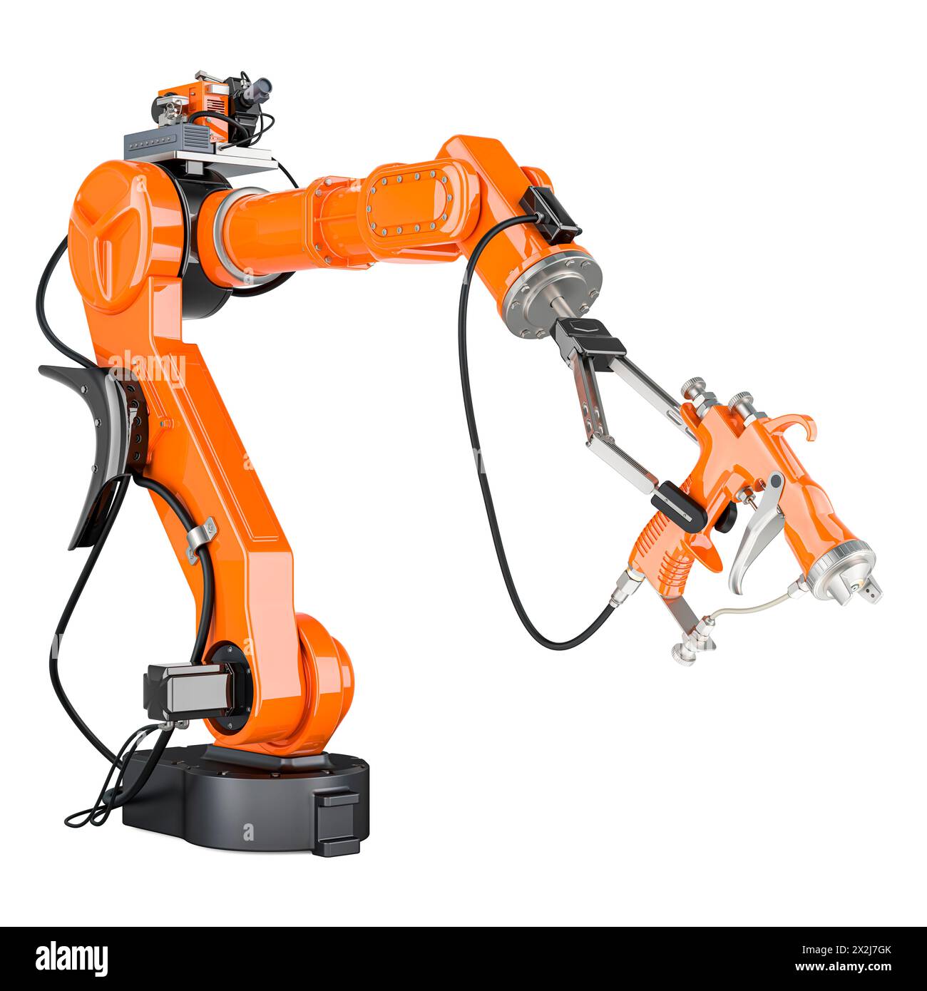 Robotic Arm with electrostatic air spray gun, 3D rendering isolated on ...