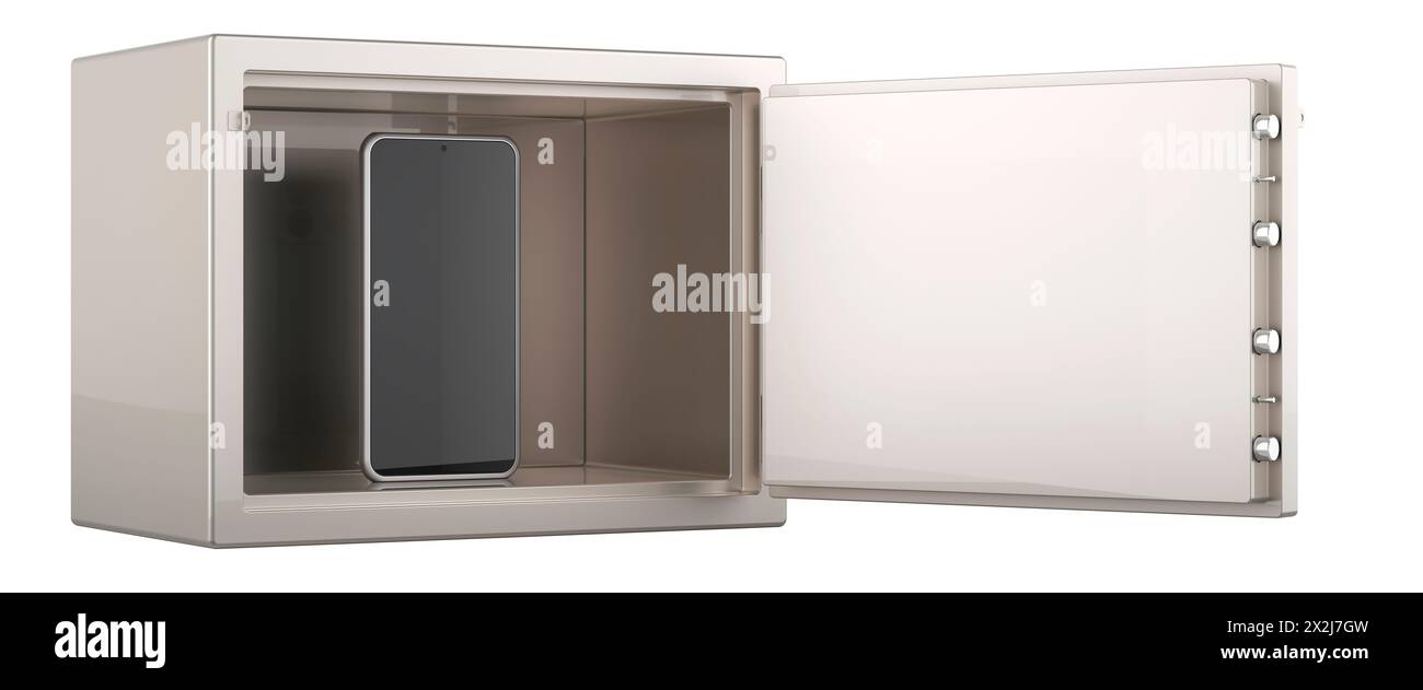 Smartphone inside safe with combination lock, 3D rendering isolated on ...