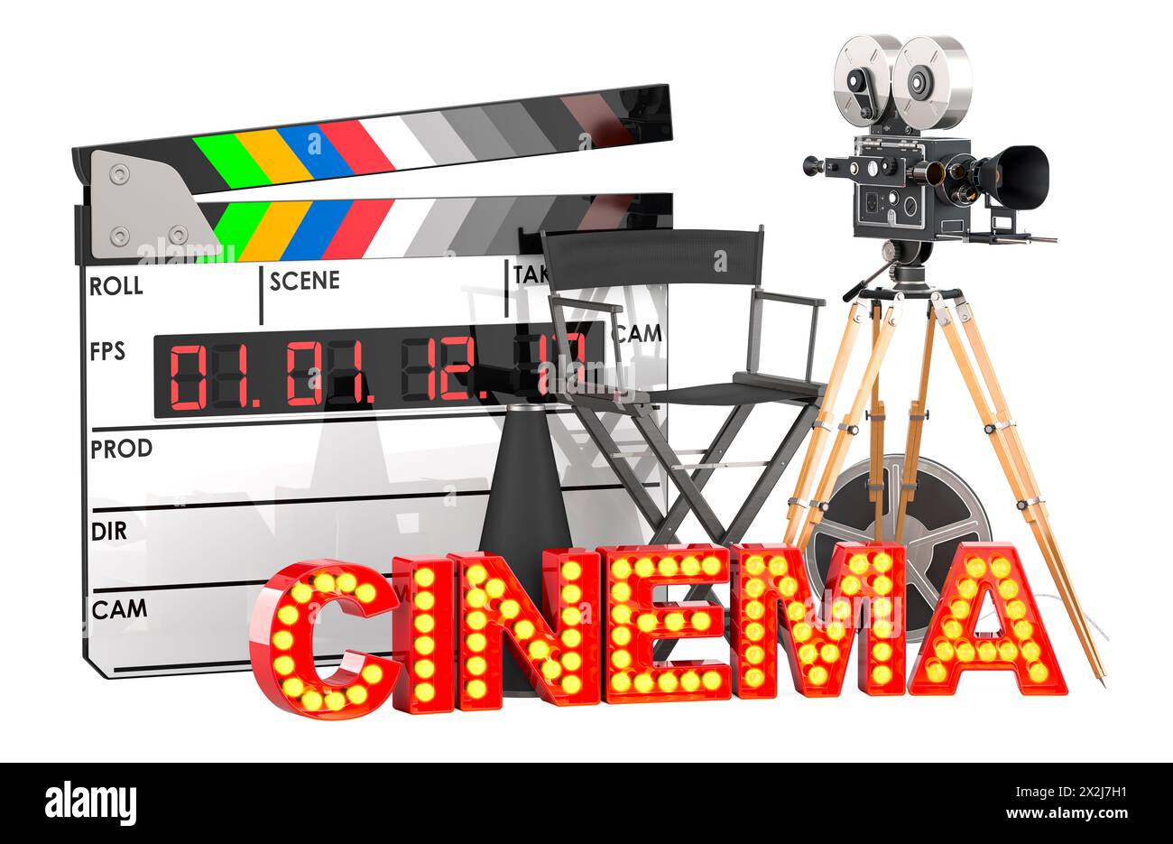 Movie camera, film reel, chair, megaphone and digital clapperboard with ...