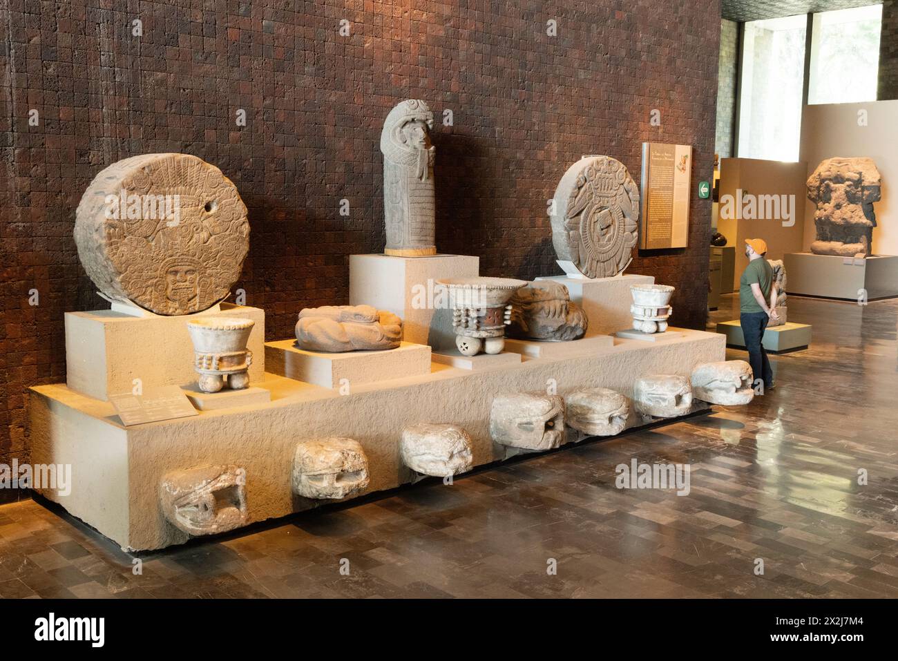 A tourist looking at Aztec civilization artifacts from Mesoamerica ...